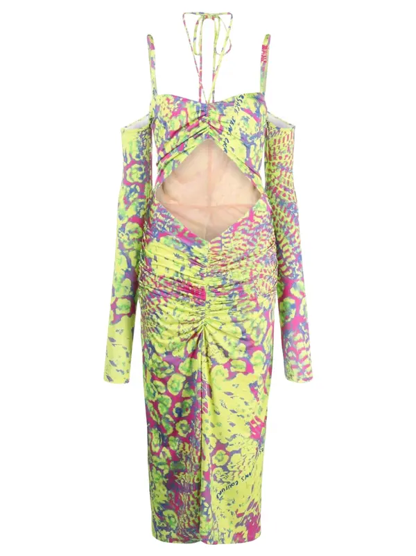 Versace Abstract-print Off-shoulder Midi Dress - Yellow