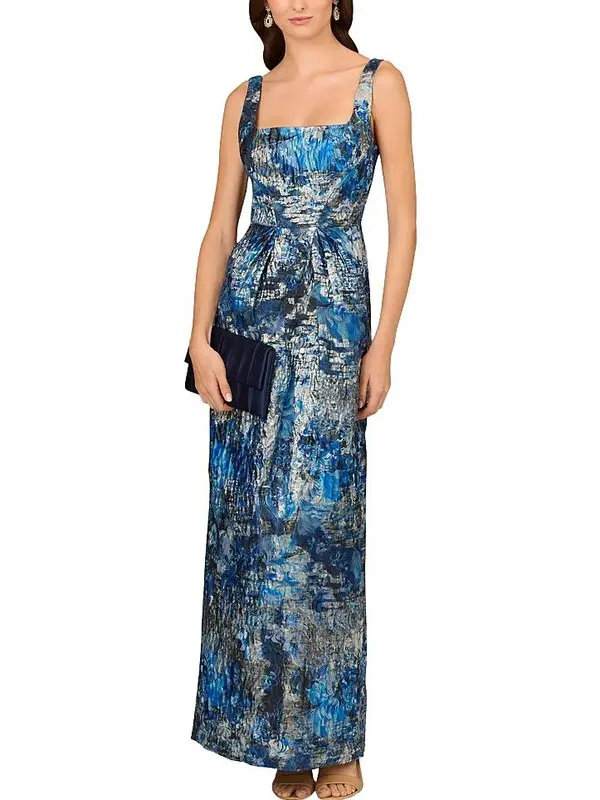 Aidan Mattox Printed Jacquard Gown - Blue Multi