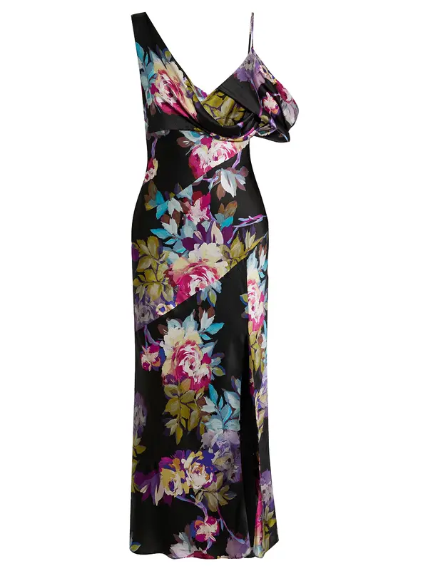 NICHOLAS Draped Floral-print Silk-satin Crepe Midi Dress - Black