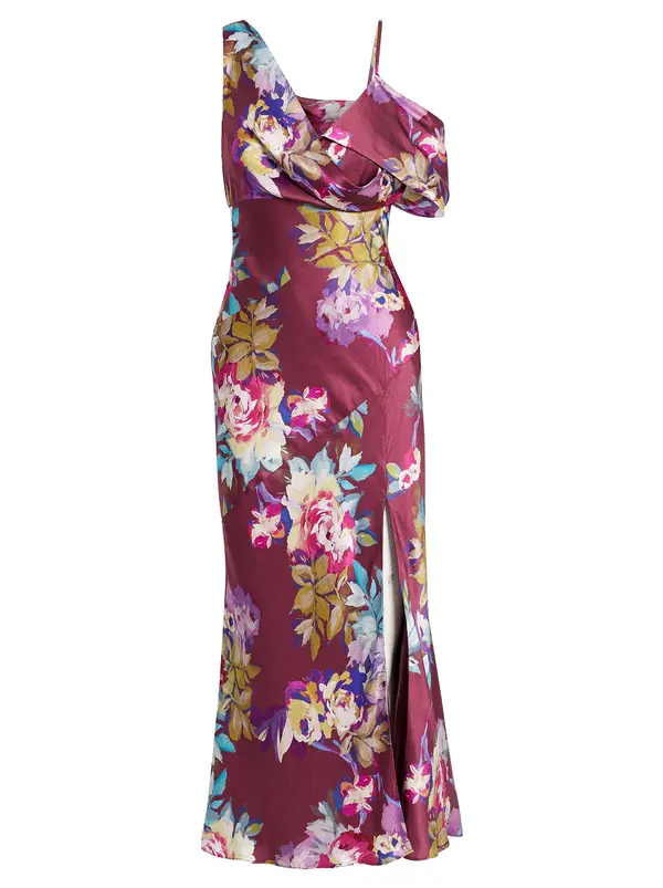 NICHOLAS Draped Floral-print Silk-satin Crepe Midi Dress - Plum