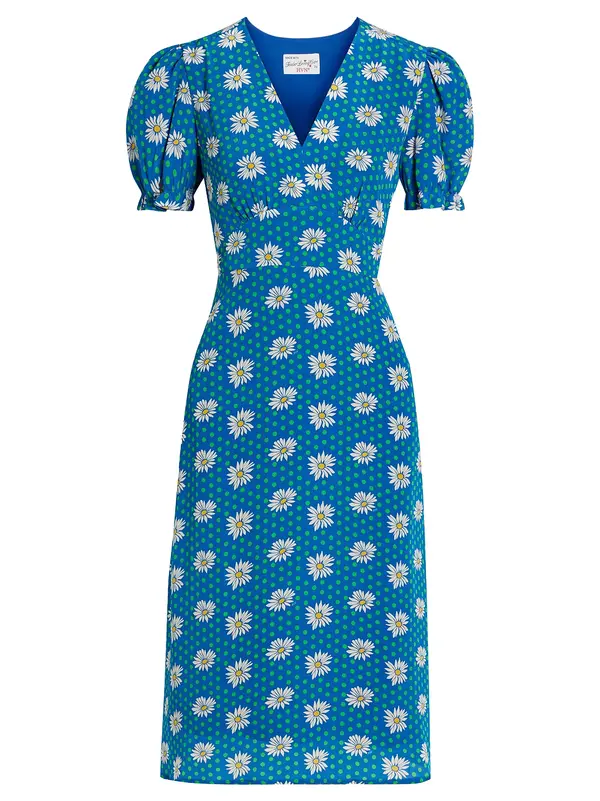 HVN Paula Printed Crepe De Chine Dress - Cobalt Blue