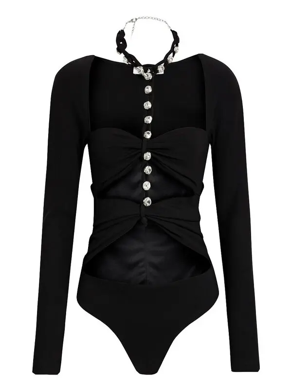 AREA Cutout Crystal-embellished Jersey Bodysuit - Black