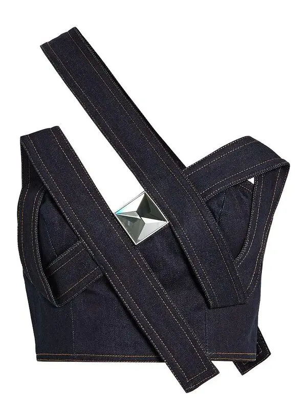 AREA One-shoulder Cropped Embellished Denim Top - Dark Denim