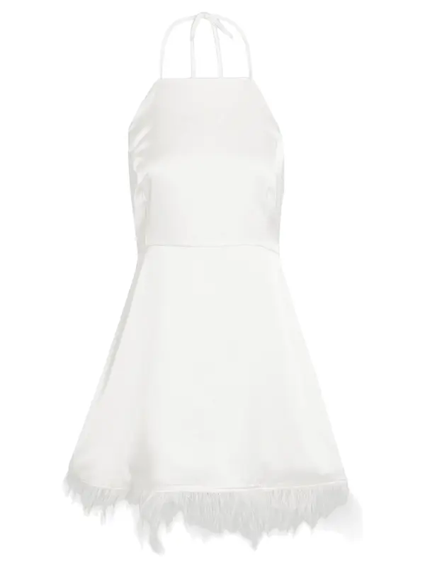 HVN Reece Feather-embellished Satin Mini Dress - White