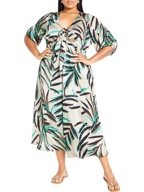 City Chic Leanna Puff Sleeve Maxi Dress - Neon Foliage