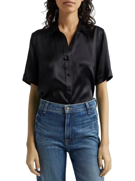 L'Agence Elah Short Sleeve Silk Shirt - Black