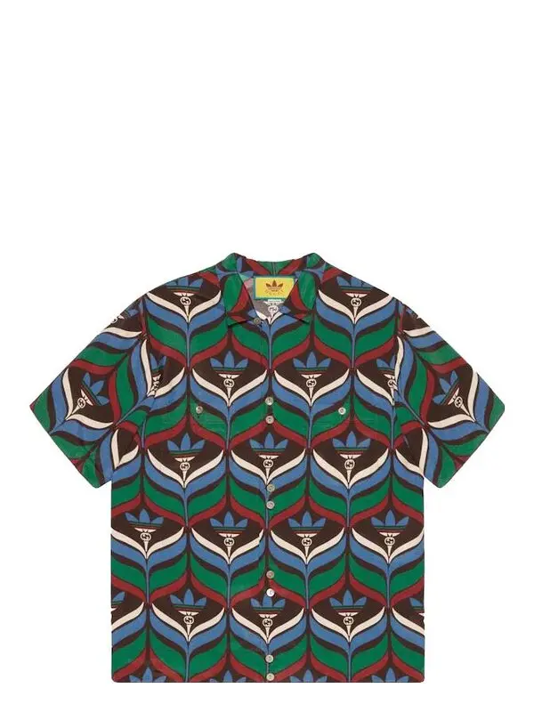 Gucci X Adidas Trefoil Print Bowling Shirt - Brown/green