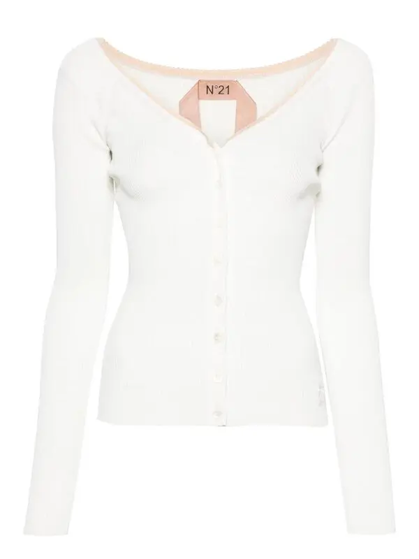 N°21 Picot-trim Fine-ribbed Cardigan - White