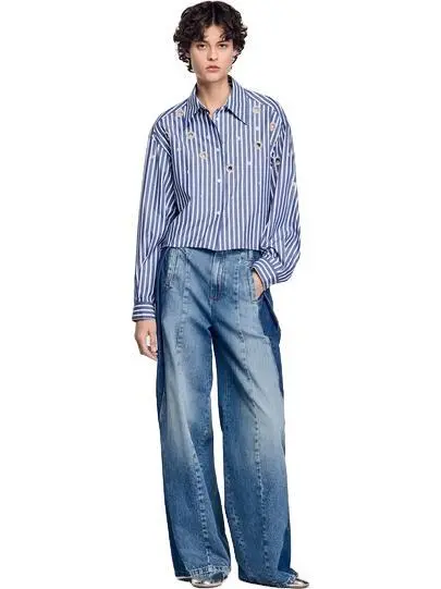 Sandro Striped Cotton Shirt With Pearl And Rhinestone Embellishments - Blue / Navy