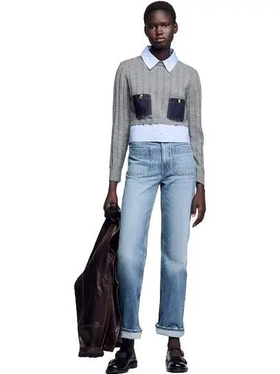 Sandro Cropped Knit Sweater With Shirt Panels - Blue / Navy