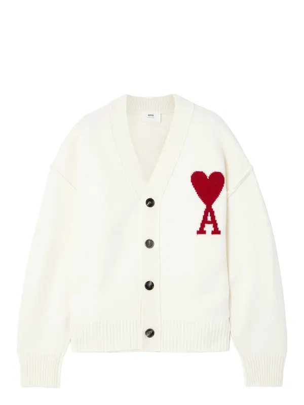 Ami Adc Intarsia Merino Wool Cardigan - Off-white