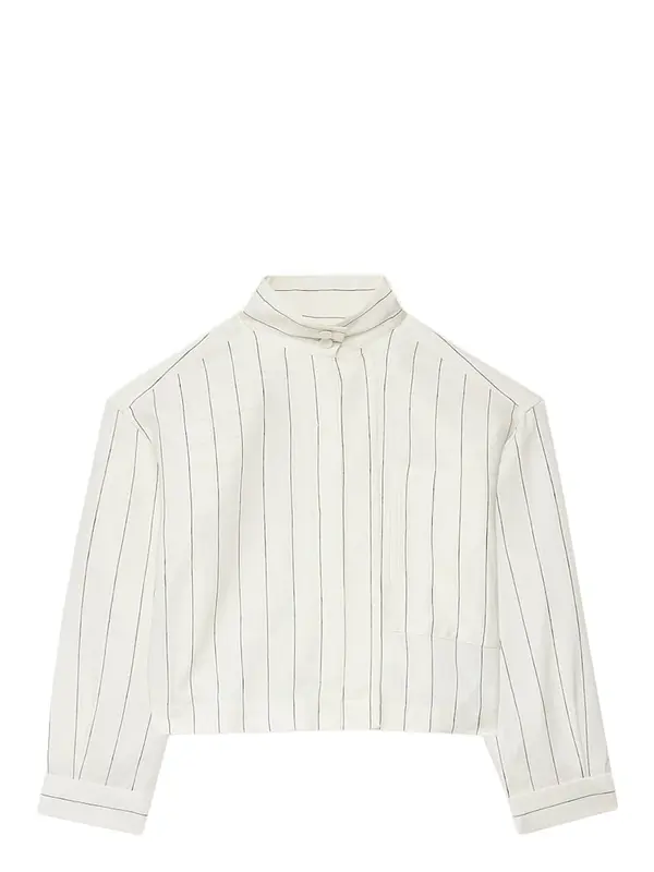 Another Tomorrow Stripe Stand-collar Linen Shirt - Black/ Off White