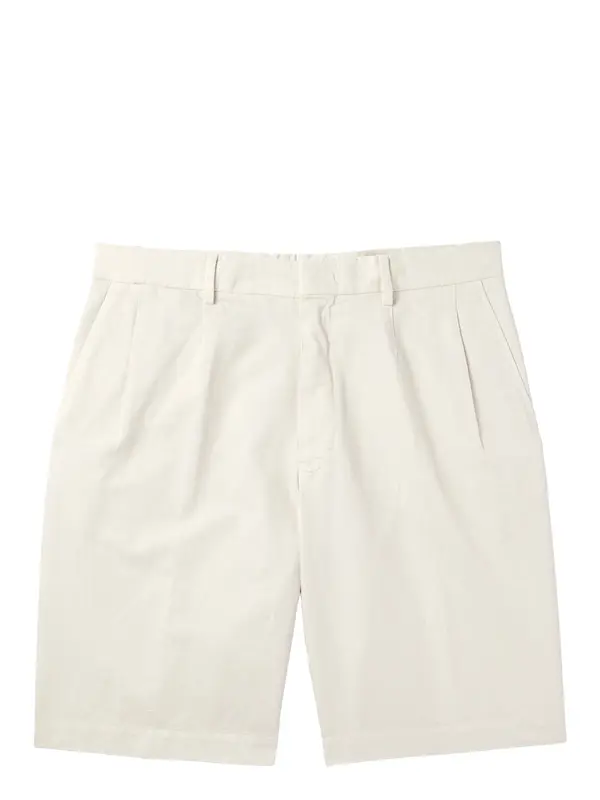 Zegna Straight-leg Pleated Cotton And Linen-blend Twill Shorts - Neutrals
