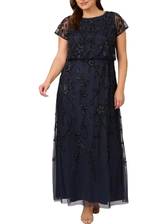 Adrianna Papell Beaded Mesh Gown - Navy Black