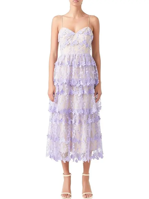 Endless Rose Floral Embroidered Tiered Lace Midi Dress - Lilac