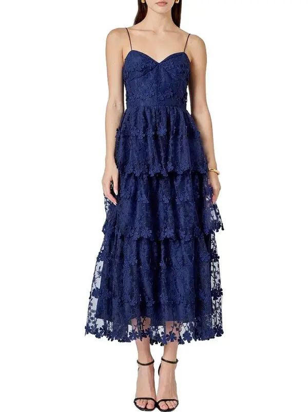 Endless Rose Floral Embroidered Tiered Lace Midi Dress - Navy
