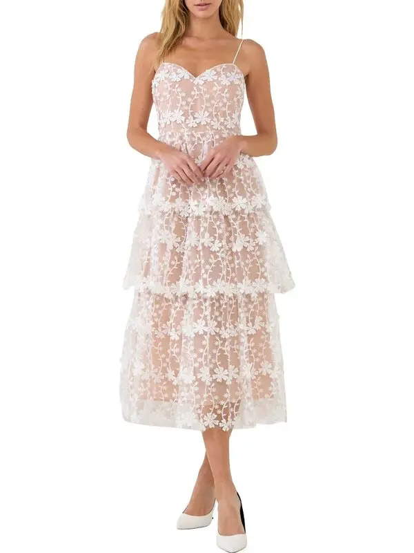 Endless Rose Floral Embroidered Tiered Lace Midi Dress - White