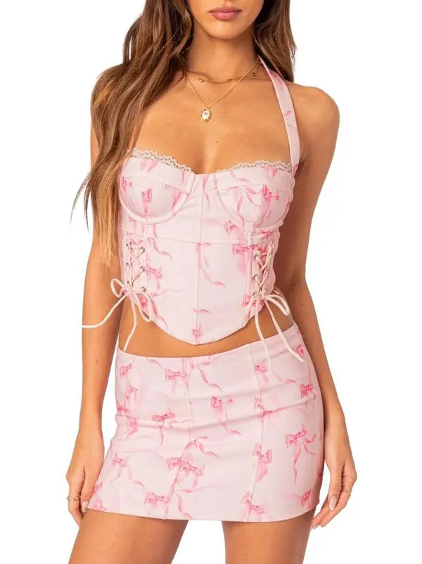 EDIKTED Makayla Printed Lace-up Halter Top - Light-pink