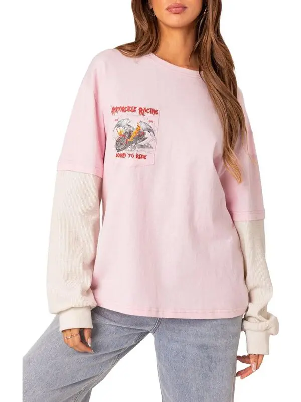 EDIKTED Racing Oversized Mixed Media Long Sleeve Graphic T-shirt - Light-pink