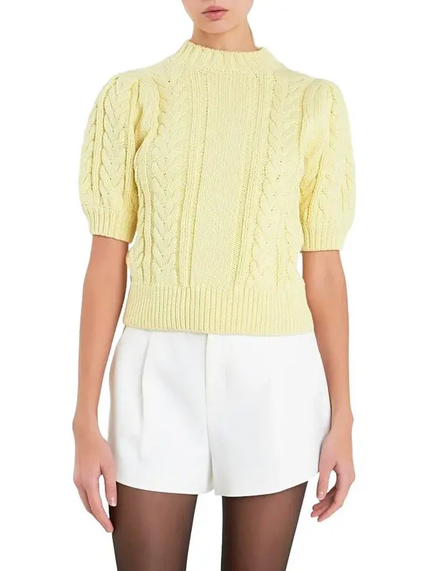 English Factory Mock Neck Cable Stitch Sweater - Lemon