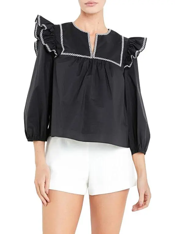English Factory Embroidered Ruffle Balloon Sleeve Cotton Top - Black/white