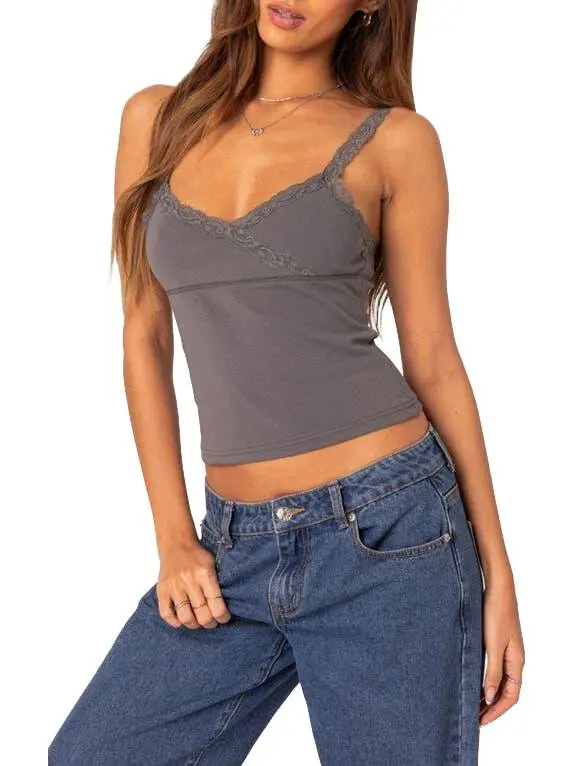 EDIKTED Amilia Lace Trim Tank - Dark-gray