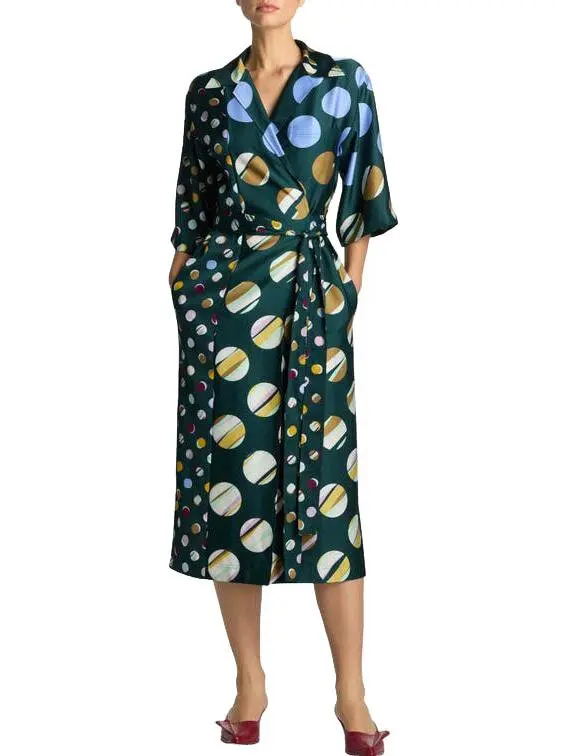 St. John Collage Dot Colorblock Wrap Dress - Spruce Multi