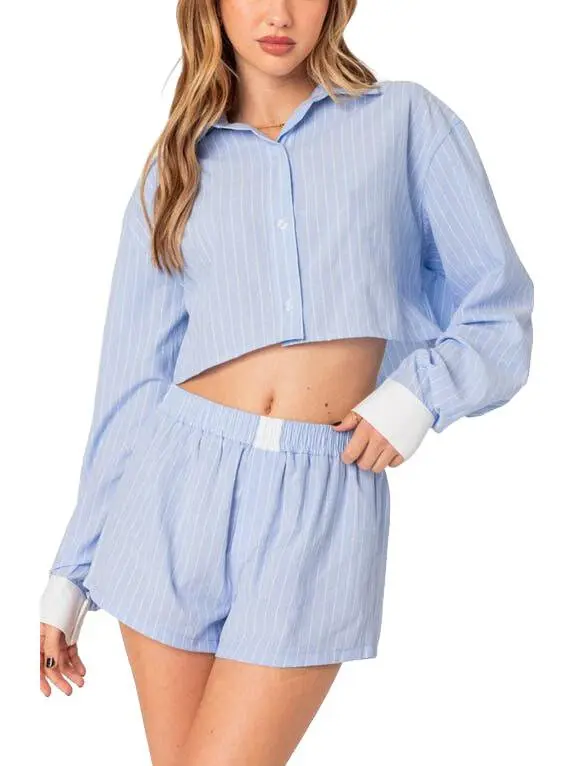 EDIKTED Lea Stripe Crop Button-up Shirt - Light-blue