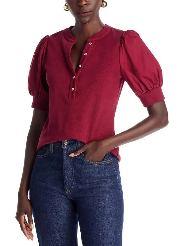 SINGLE THREAD Puff Sleeve Henley Top - Cabernet