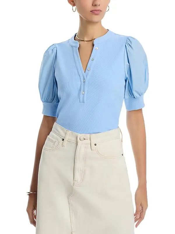 SINGLE THREAD Puff Sleeve Henley Top - Cerulean