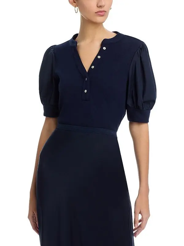SINGLE THREAD Puff Sleeve Henley Top - Navy