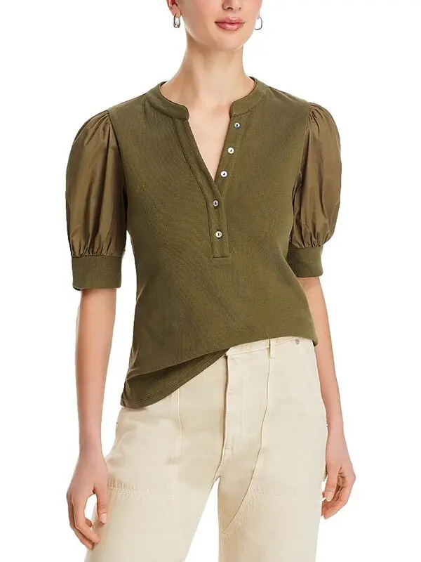 SINGLE THREAD Puff Sleeve Henley Top - New Olive