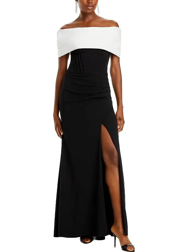 Aqua Scuba Crepe Off-the-shoulder Corset Gown - Black/white