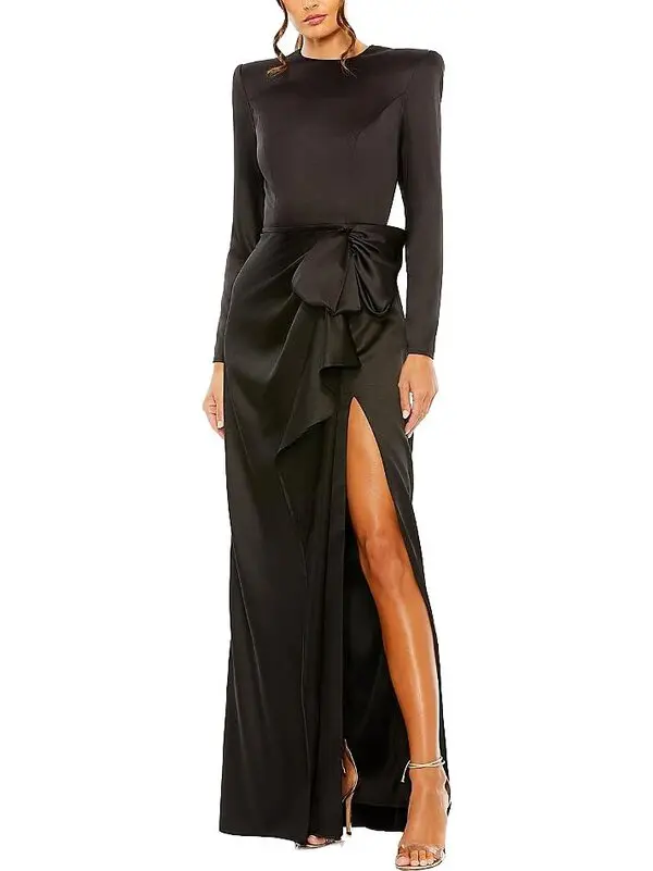 Mac Duggal Long Sleeve Draped Bow Gown - Black