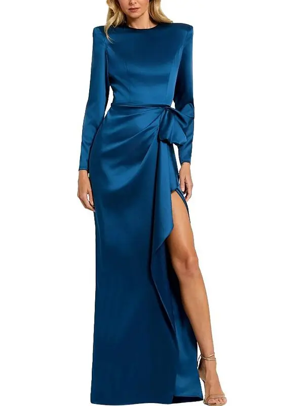 Mac Duggal Long Sleeve Draped Bow Gown - Ocean Blue