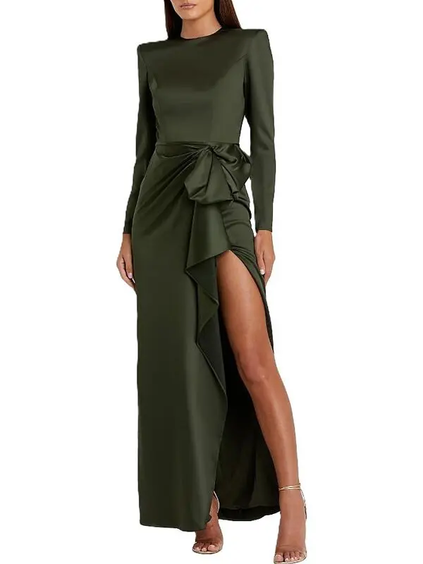 Mac Duggal Long Sleeve Draped Bow Gown - Olive