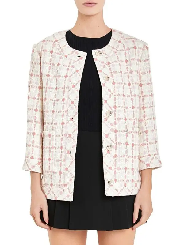 English Factory Boxy Tweed Jacket - Ivory/ Pink Multi