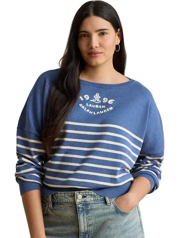 Ralph Lauren Logo Striped Cotton Boatneck Sweater - Carson Blue/cream