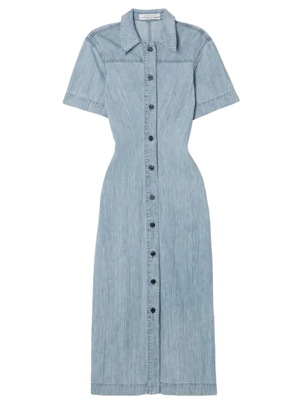 Another Tomorrow Net Sustain Organic Cotton-chambray Midi Dress - Blue