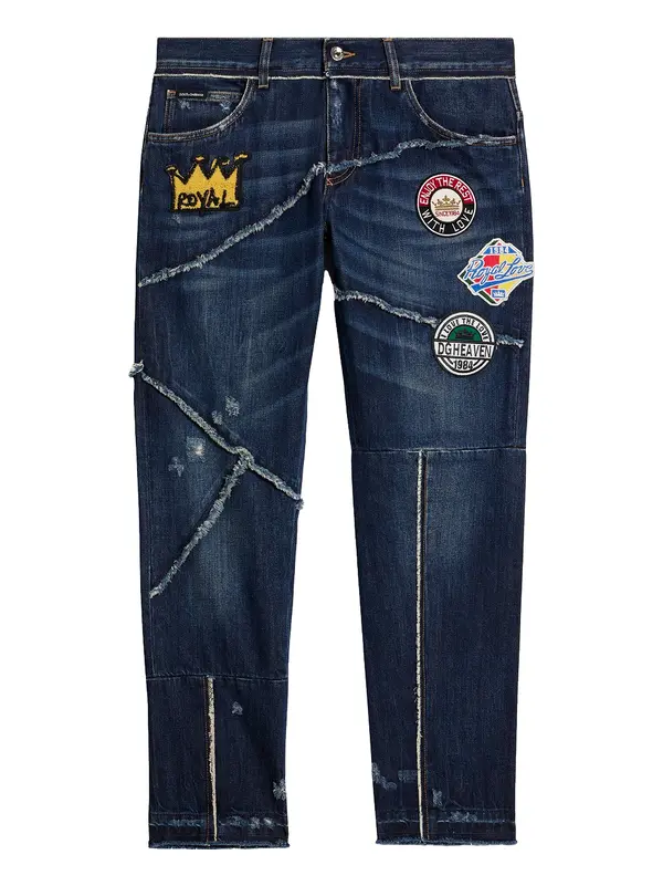 Dolce & Gabbana Tapered Appliquéd Distressed Denim Jeans - Dark Denim