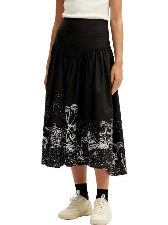 Desigual Landscape Printed Poplin Midi Skirt - Black