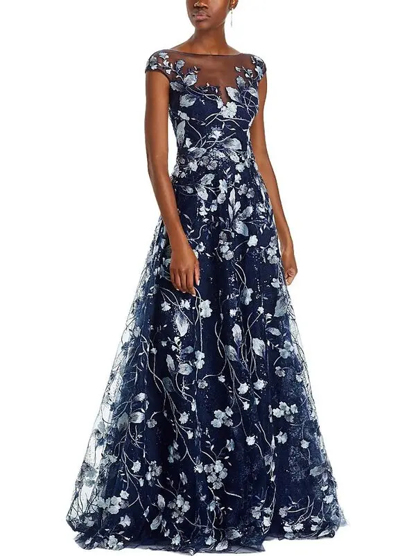 Rickie Freeman For Teri Jon Embroidered Lace Gown - Navy Silver