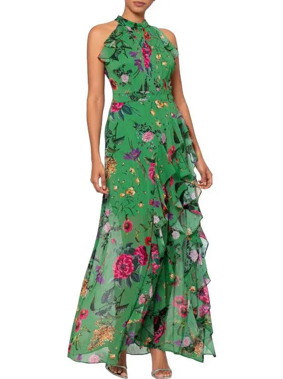 Betsy & Adam Floral Print Metallic Ruffle Gown - Green/multi
