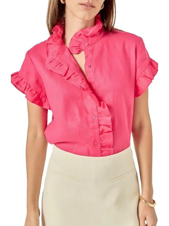 English Factory Ruffle Trim Linen Shirt - Fuchsia