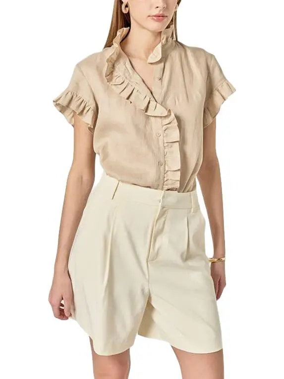 English Factory Ruffle Trim Linen Shirt - Natural