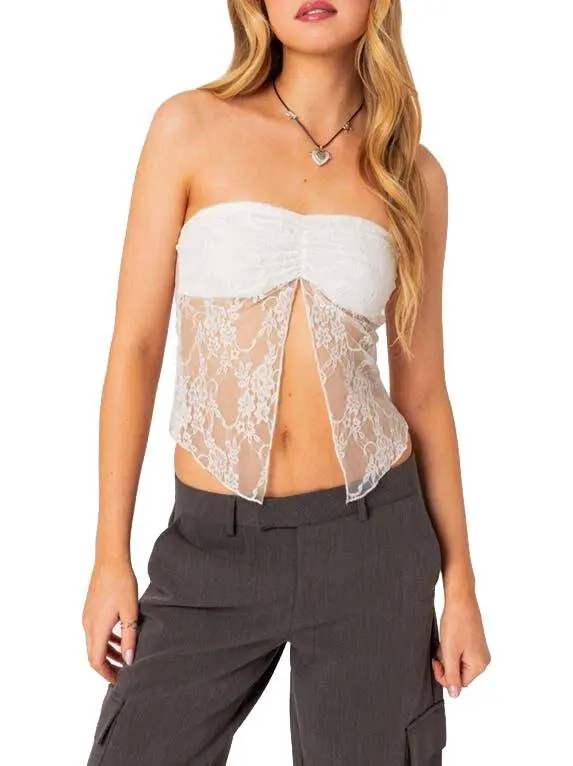 EDIKTED Twilight Split Front Lace Strapless Top - White