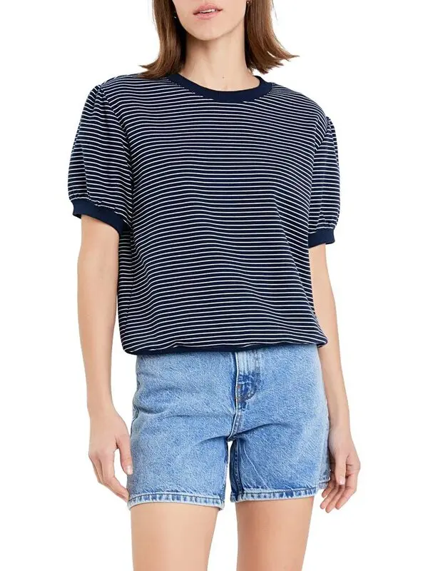 English Factory Stripe Puff Sleeve French Terry Top - Navy/white