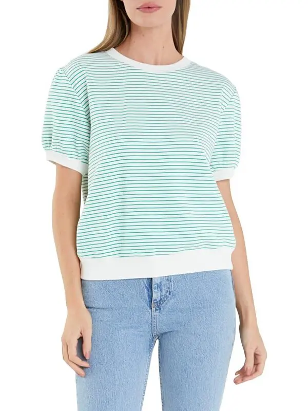 English Factory Stripe Puff Sleeve French Terry Top - White/green