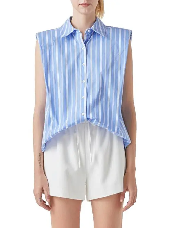 GREY LAB Stripe Power Shoulder Sleeveless Shirt - Blue/white