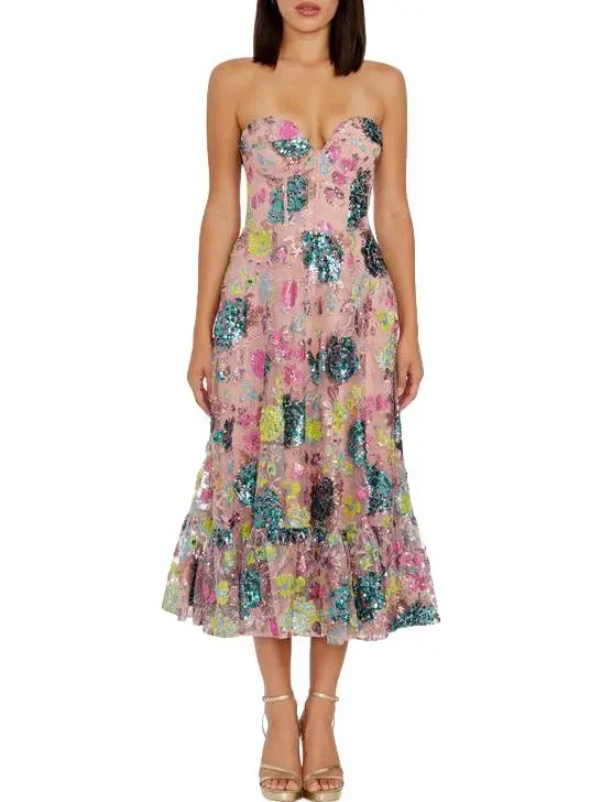 Dress The Population Carina Sequin Appliqué Midi Dress - Blush Multi